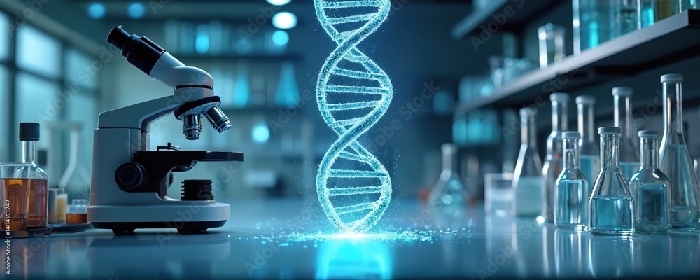 Medical research lab with DNA helix illuminated by microscope ...
