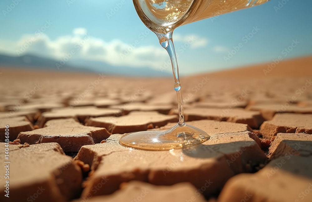 Single water drop falls glass in desert. Cracked earth, arid landscape, dehydration concept ...