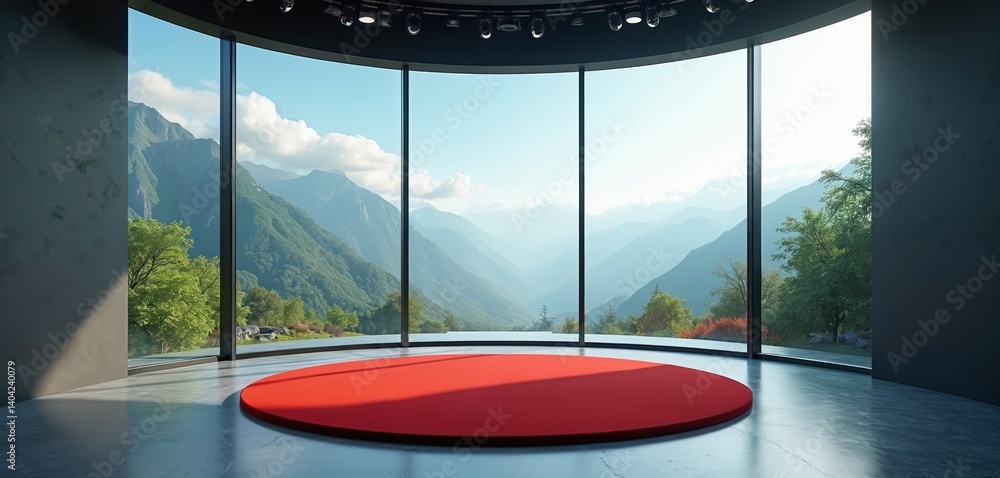 Virtual studio with large windows overlooking mountain landscape ...