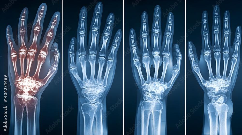 Medical x-ray images showing progression of hand arthritis in four stages from initial ...
