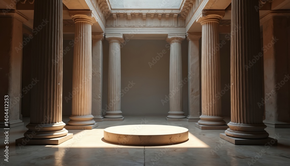 Ancient Roman interior with columns, stage podium platform. Luxurious ...