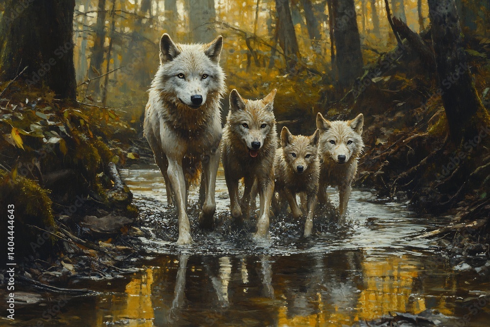 Dire wolf family crossing shallow stream in the forest pups following ...