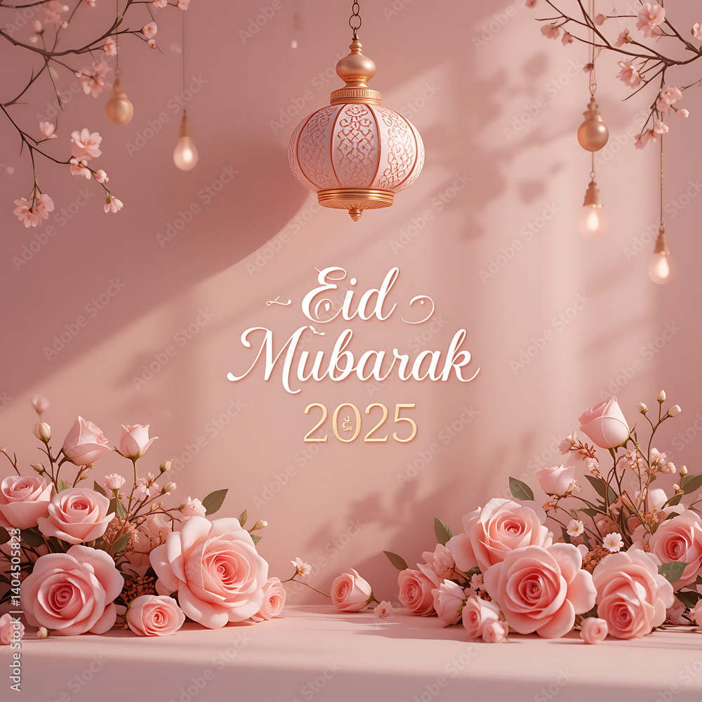 Eid al-Adha 2025 concept,pink roses and Pink Lantern on royel blue ...