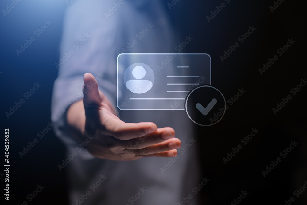 human hand holding digital identification card, with Checkmark Icons ...