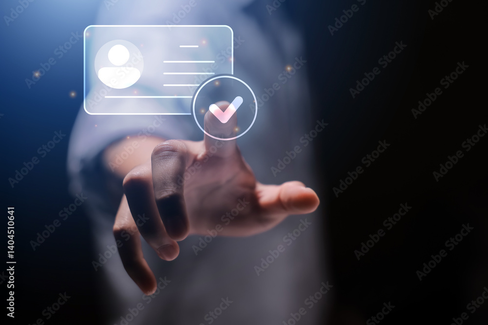 human hand holding digital identification card, with Checkmark Icons ...