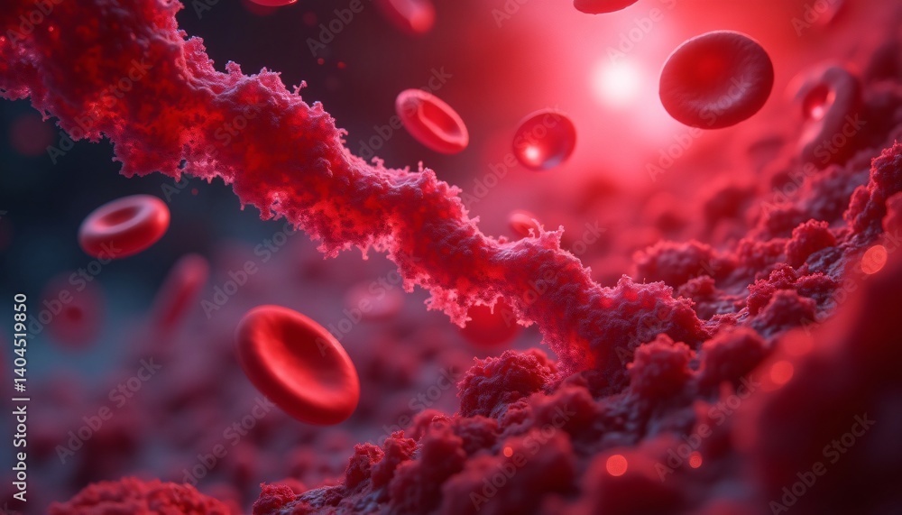 Microscopic view of blood clot formation red blood cells fibrin network ...