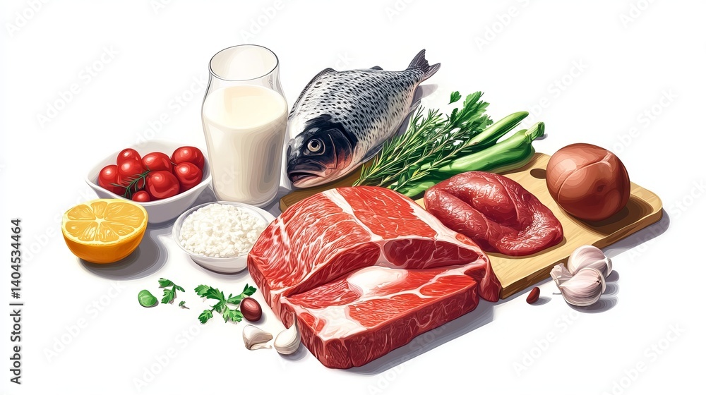 Healthy food ingredients fresh meat fish dairy products art beef milk ...