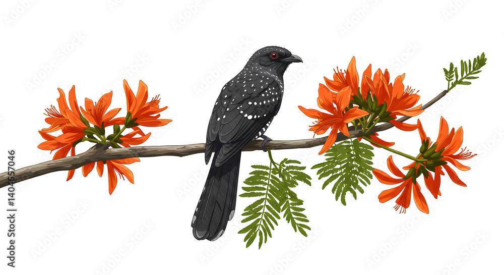 Realistic Asian Koel Perched on Flame Tree Branch with Vibrant Red ...