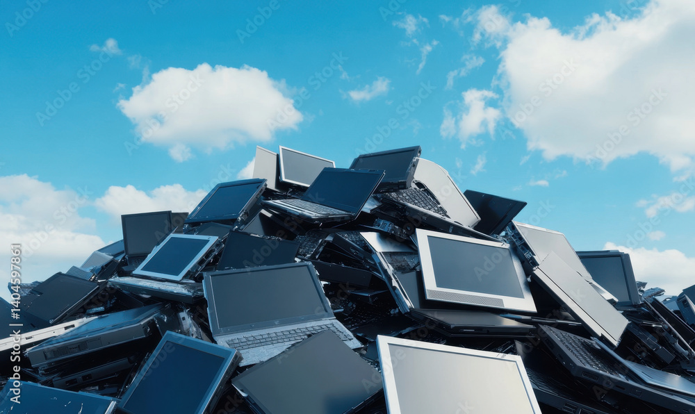 huge pile of broken laptops against blue sky creates striking visual ...