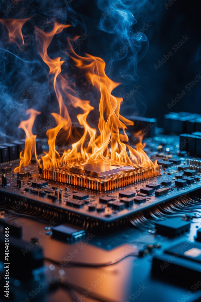 Burning cpu on a computer circuit board, an image depicting system ...