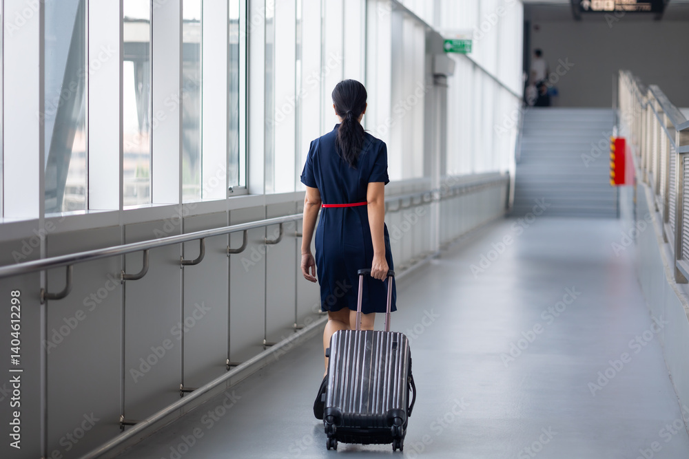 Back view female Cabin crew or air hostess in airport. Cabin crew, air ...