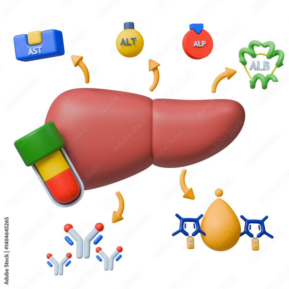 Clinical chemistry 3d illustration. Human liver with heparin blood ...