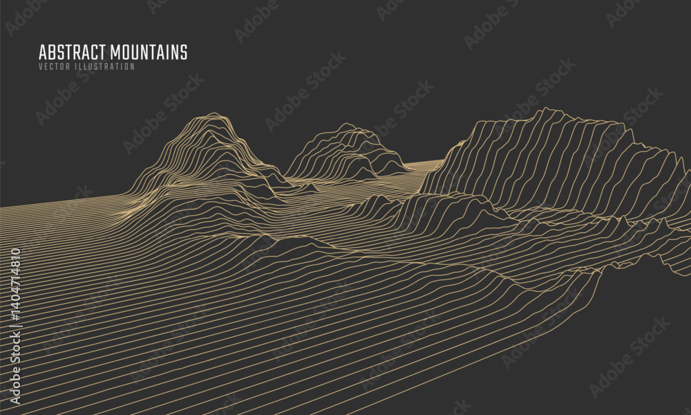 Contour mountain landscape. Waved line art. Abstract minimal ...