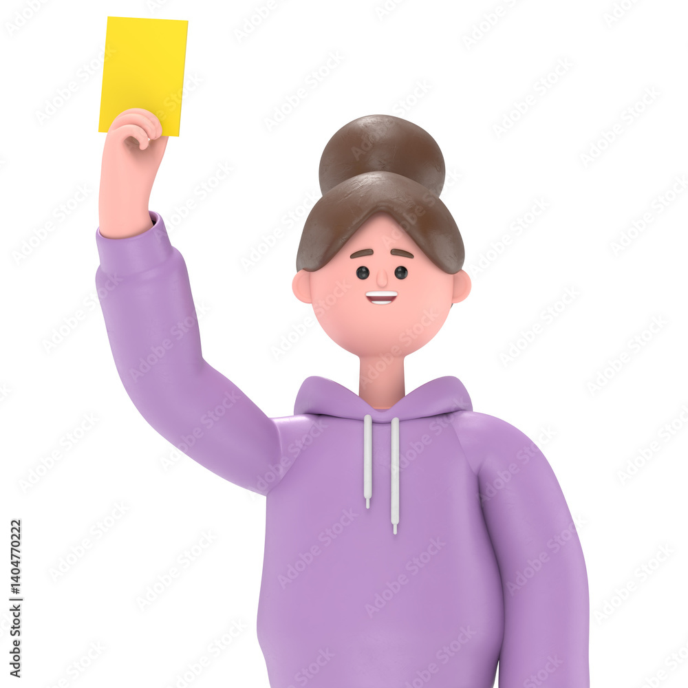 3D illustration of Asian girl Renae showing yellow card.Transparent ...