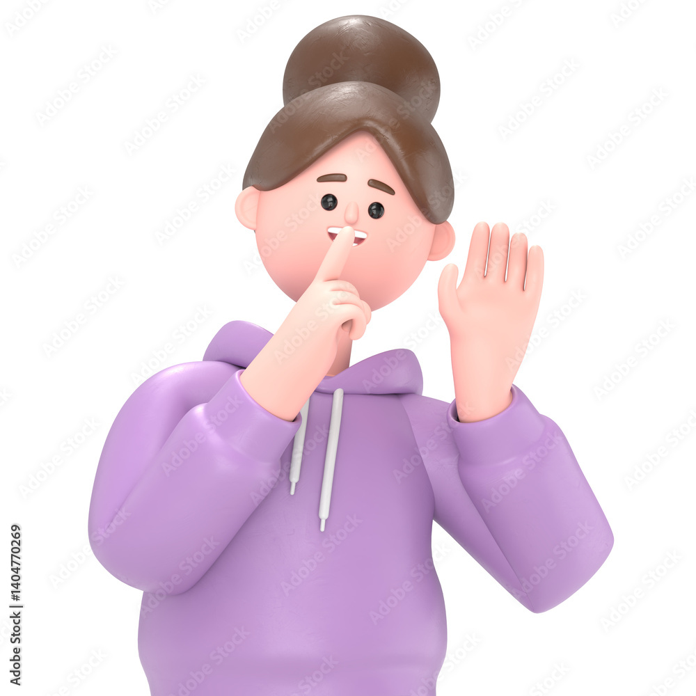 3D illustration of Asian girl Renae in an eavesdropping posture ...