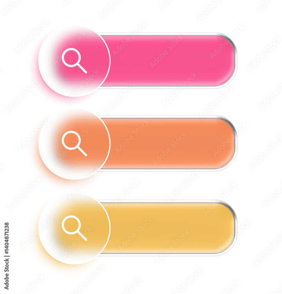 Glass morphism search bar button set with magnifying glass icon. Web page pink, orange, yellow ...