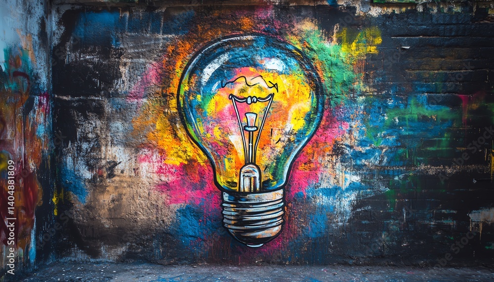 Urban graffiti mural of brain inside light bulb, idea generation ...