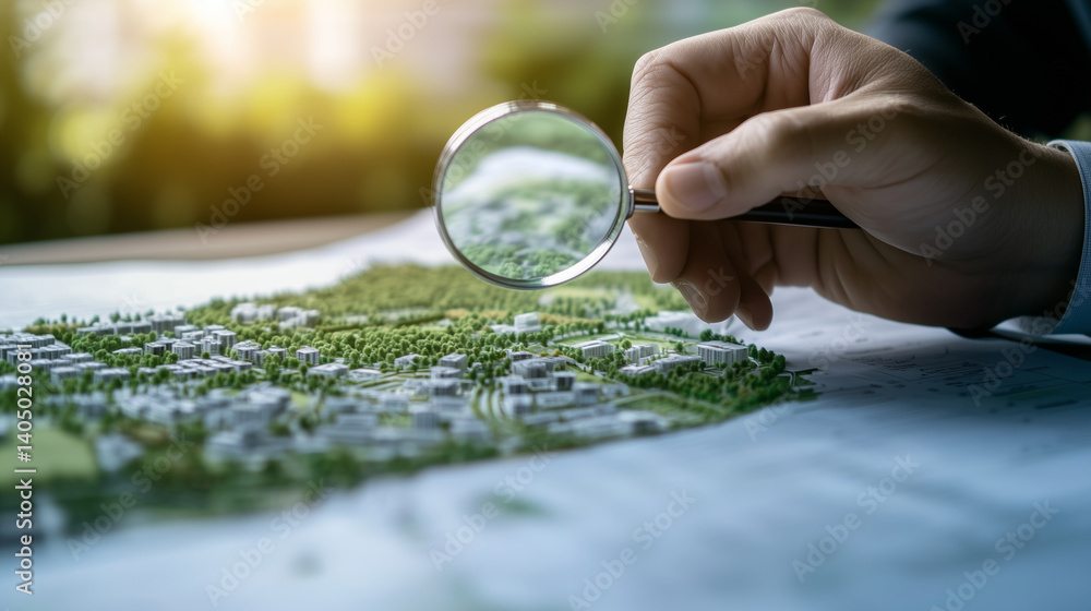 Urban planner with magnifying glass examining detailed land map ...