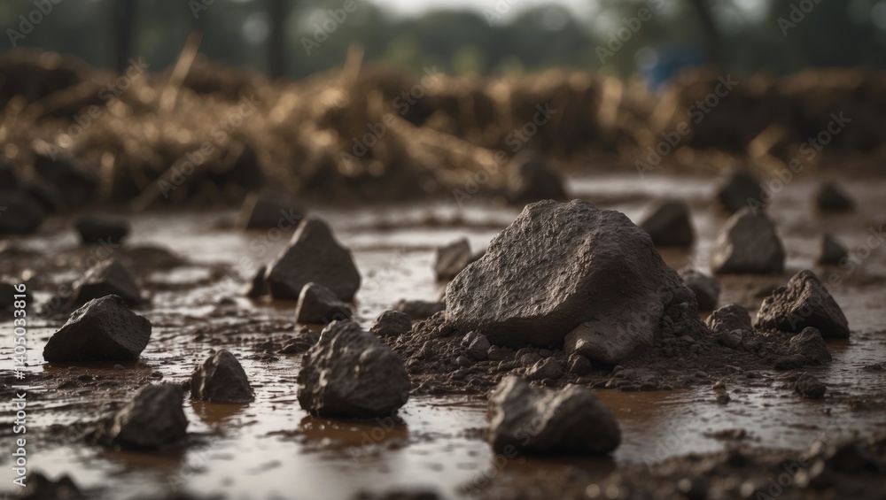 Elephant feces spread across muddy terrain in a natural landscape ...