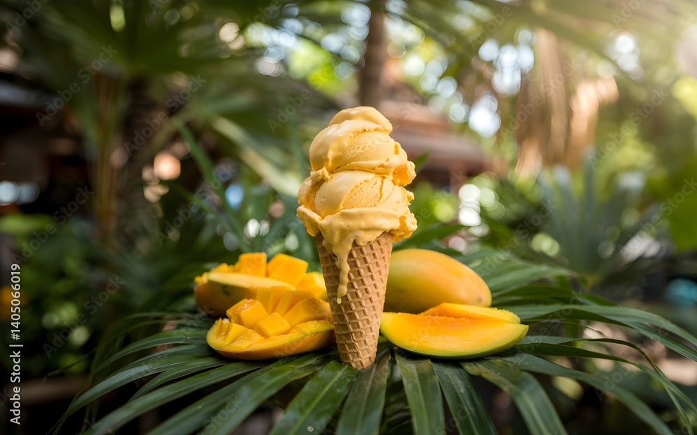 Mango ice cream cone surrounded by fresh mangoes on a palm leaf in a ...