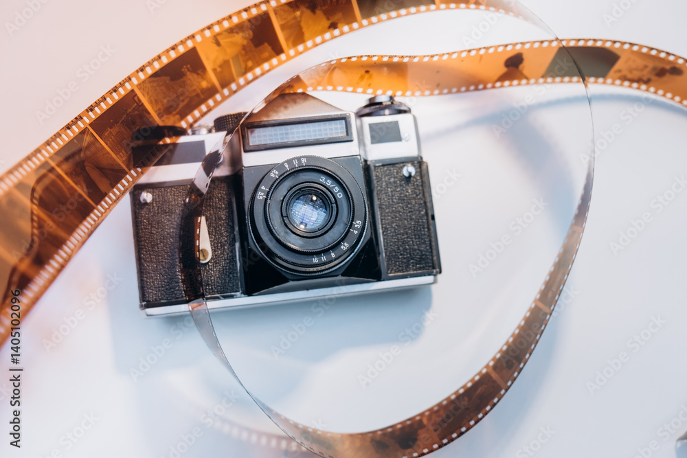 Vintage film camera lying on a white background with a curled strip of ...