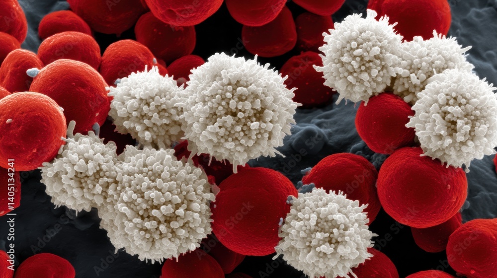 Close-up of leukocytes - white blood cells in human blood. Medical ...
