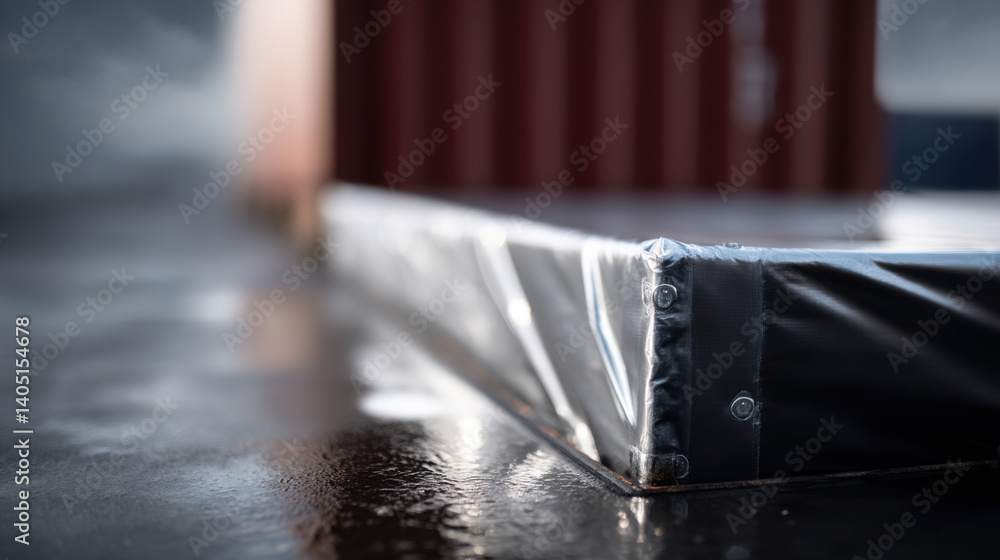 reflective plastic covering wraps edges of container, showing shiny ...