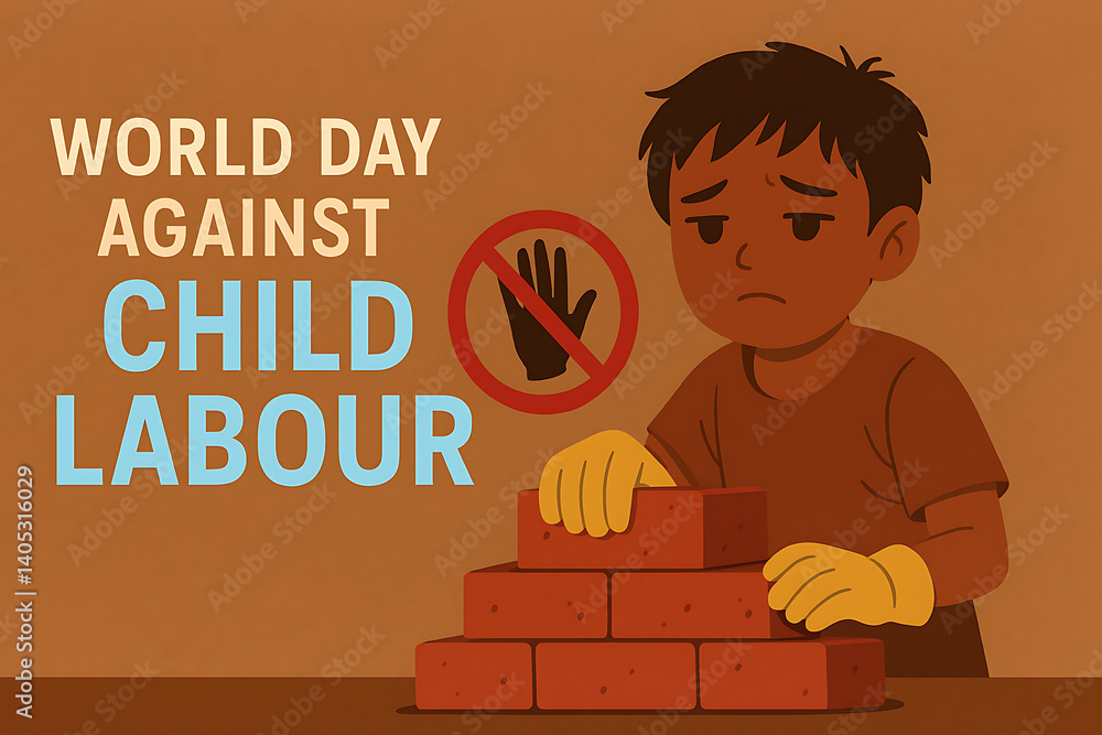 World Day Against Child Labour illustration with sad boy stacking ...