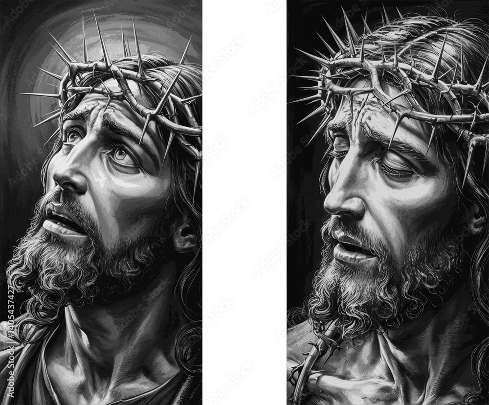 Jesus Christ with Thorn Crown Close-up Portrait Vector – Sacred Face ...