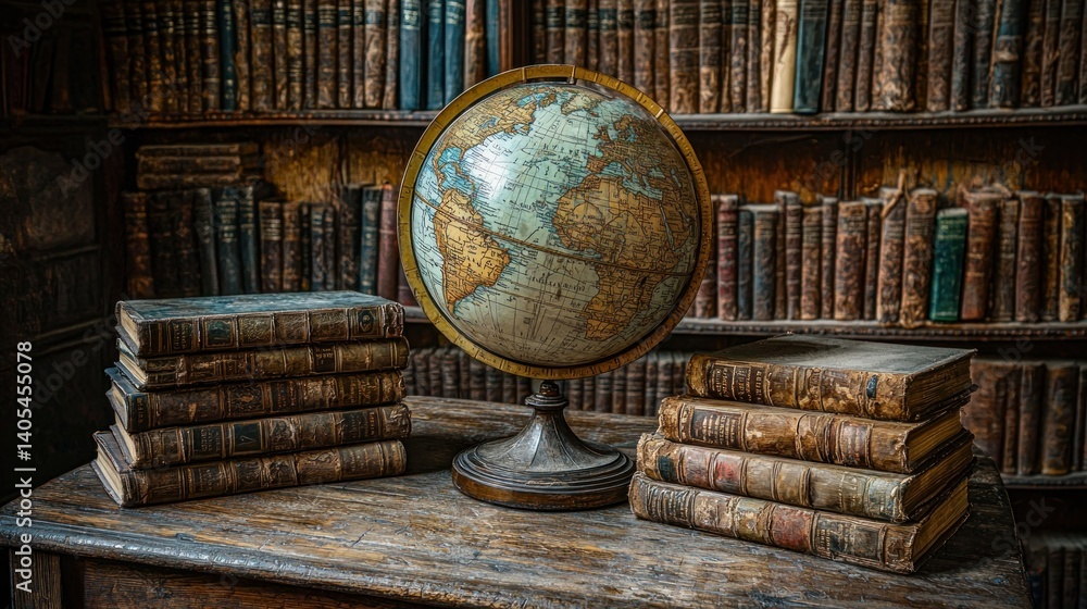 Antique globe surrounded by aged books in a library Stock Photo | Adobe ...