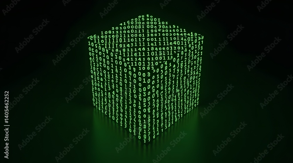 Glowing digital cube of green binary code on dark surface. Abstract technology concept. Best for ...