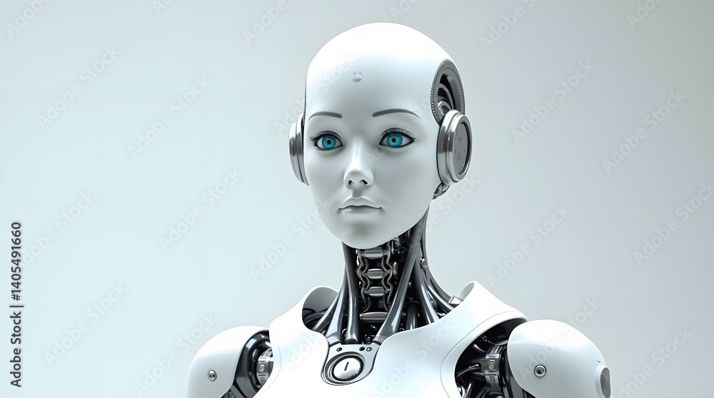 Futuristic humanoid robot head, AI concept. White background, portrait ...