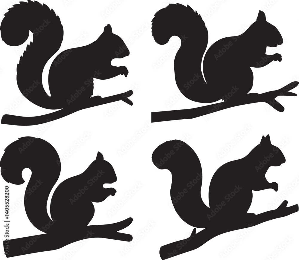 Silhouette squirrels, black and white illustration, symmetrical ...