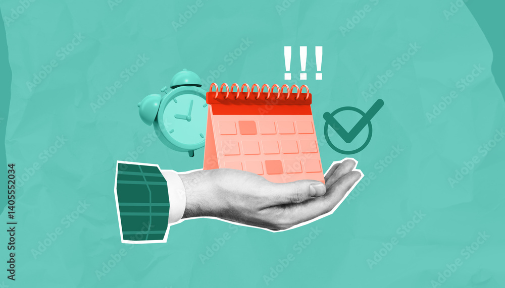 Creative collage of a hand holding a desk calendar with alarm clock ...