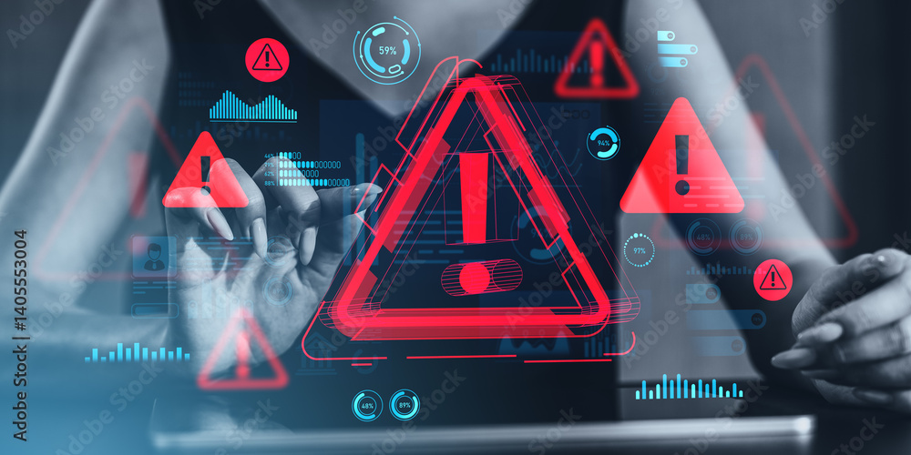 Cybersecurity warning concept with red alert icons and data graphics on transparent futuristic ...