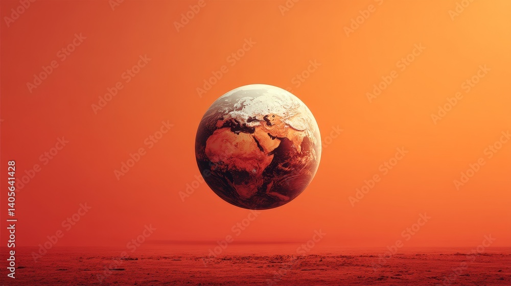 Planet Earth overheating in orange dystopia symbolizing rising global temperatures and climate ...