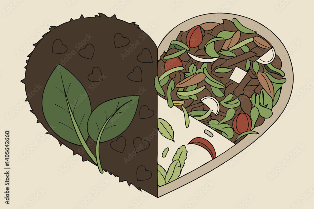 104 Heart shape, soil background, half green leaves, half food waste ...
