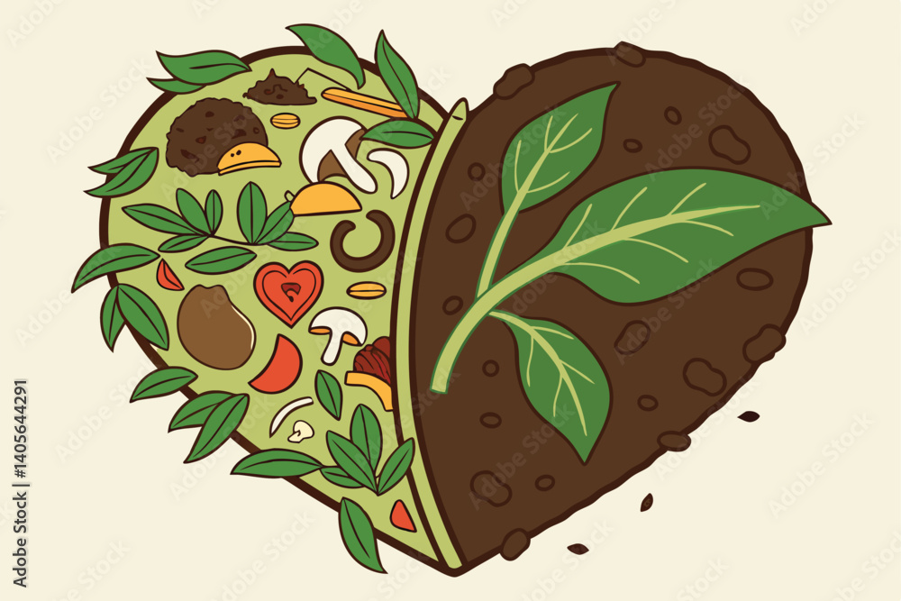104 Heart shape, soil background, half green leaves, half food waste ...
