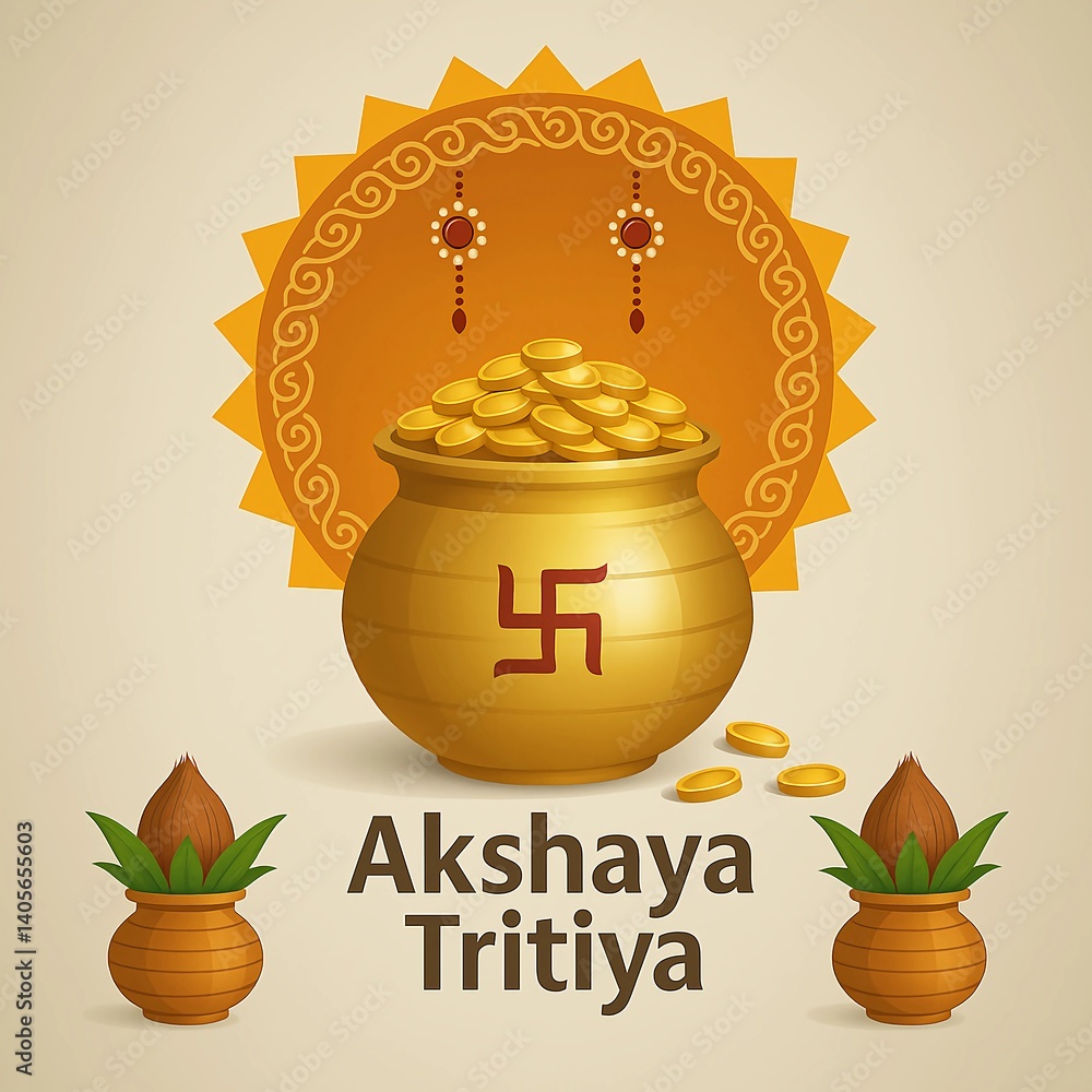 Akshaya Tritiya with a golden pot, swastika symbol, kalash and ...