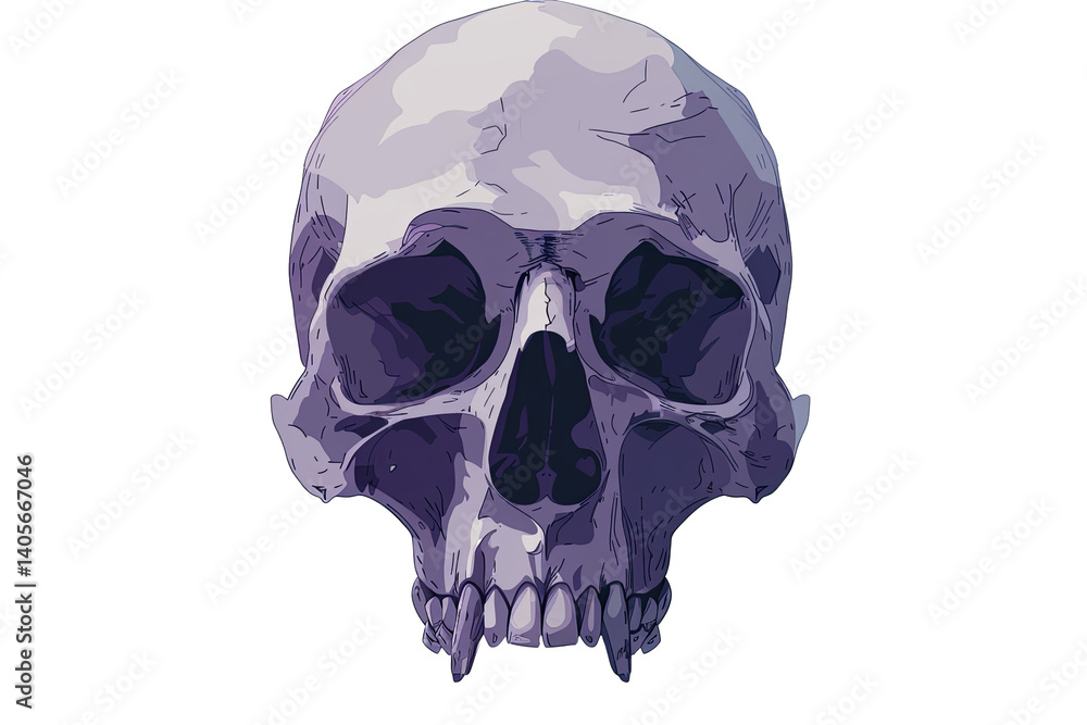 Simplified skull with deep eye sockets, bared teeth, and violet shadows ...