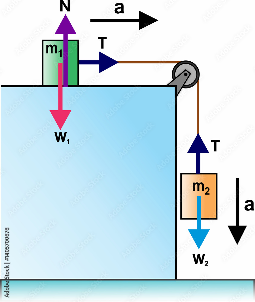 Force Diagram of Two blocks are connected by a rope over a fixed pulley ...