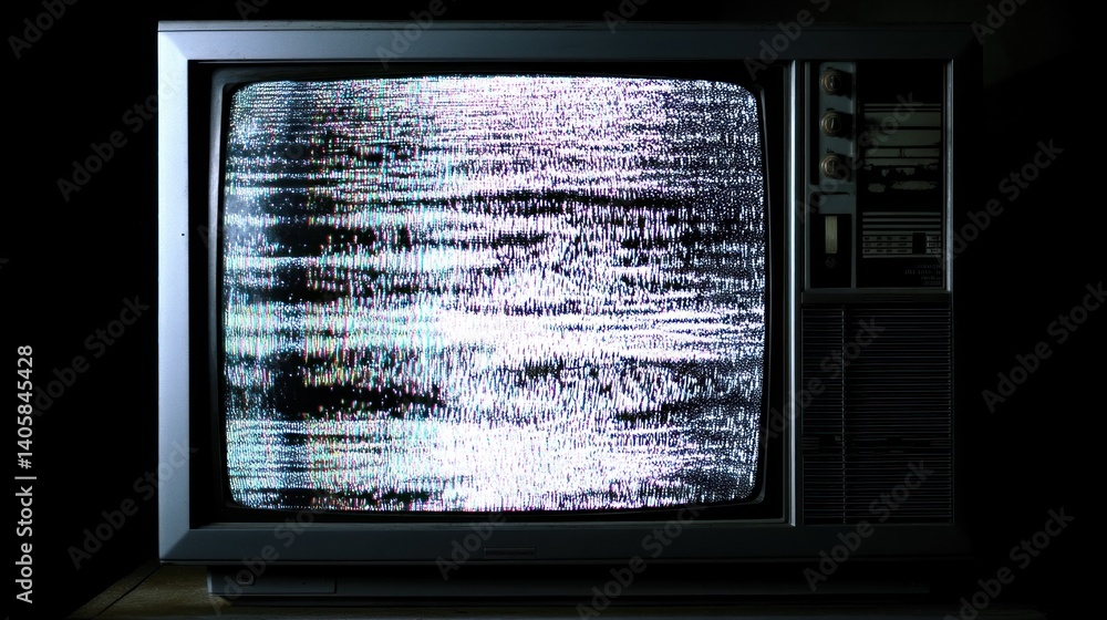 Old TV screen displays noisy image due to lack of signal. Black analog ...