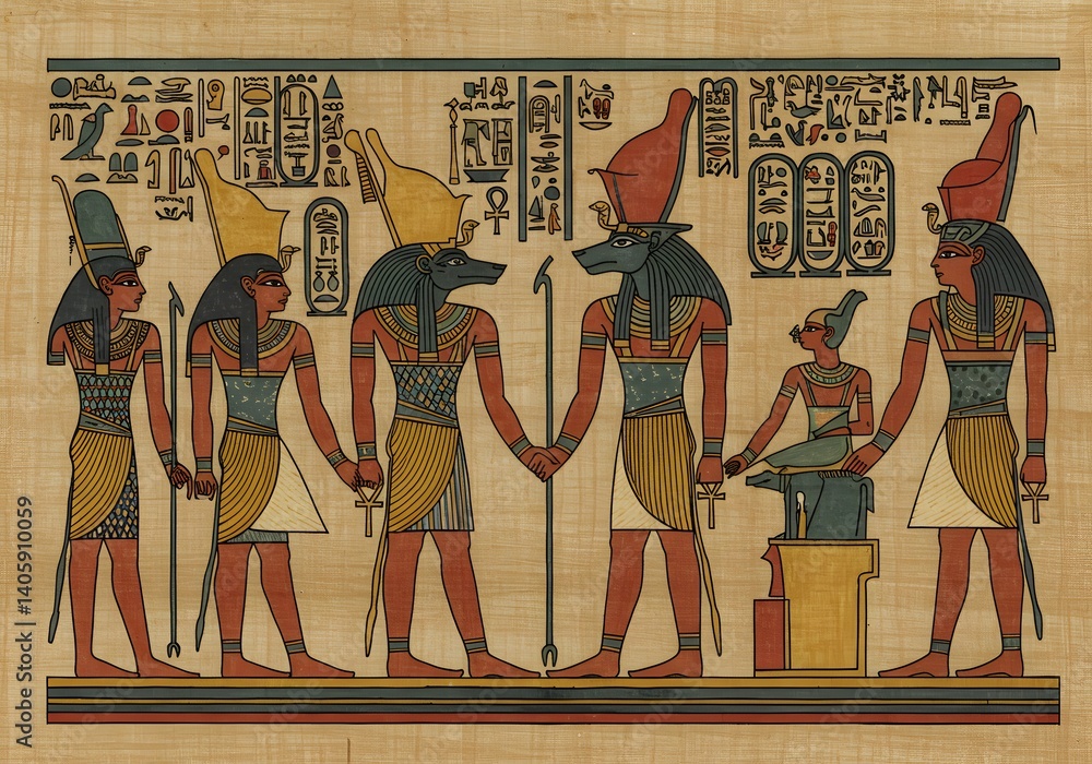 Ancient Egyptian Gods and Goddesses: A Papyrus Depiction 素材庫插圖 | Adobe ...