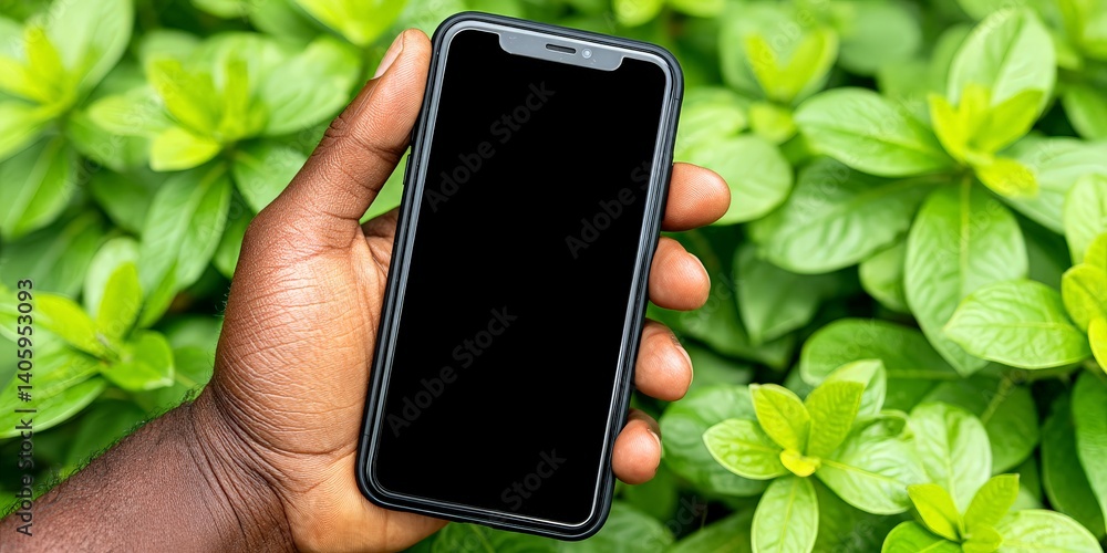 Human hand holding smartphone with leafy green background in natural ...