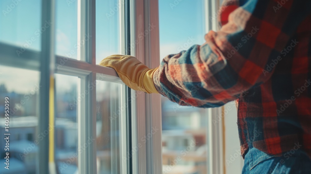 Construction worker adjusting window frames during installation ...