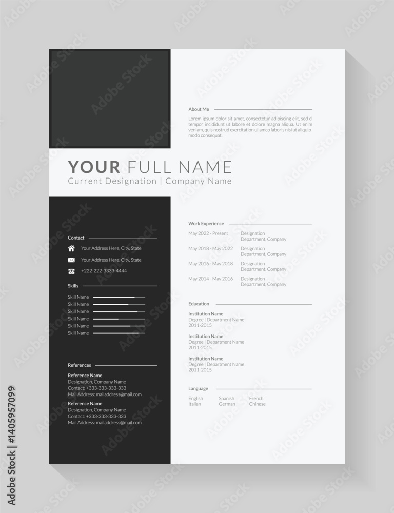 Clean and modern resume or cv template for job candidates. Minimalist ...