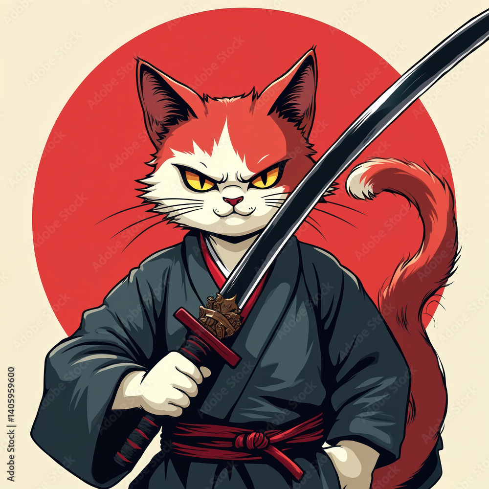 Furry cat samurai warrior holding sword, wearing traditional kimono ...