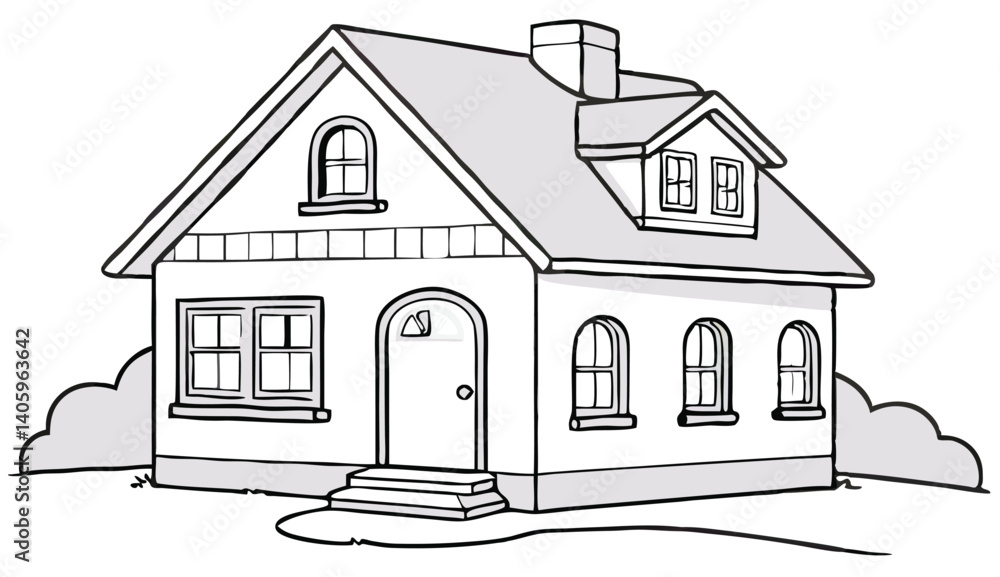 Black and white cartoon line drawing of a simple house with sloped roof ...