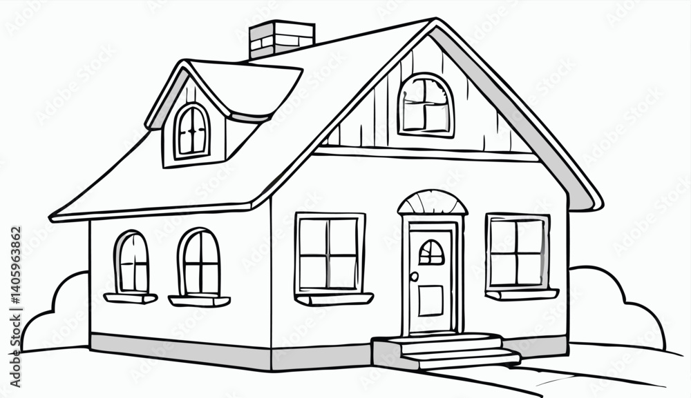 Black and white cartoon line drawing of a simple house with sloped roof ...