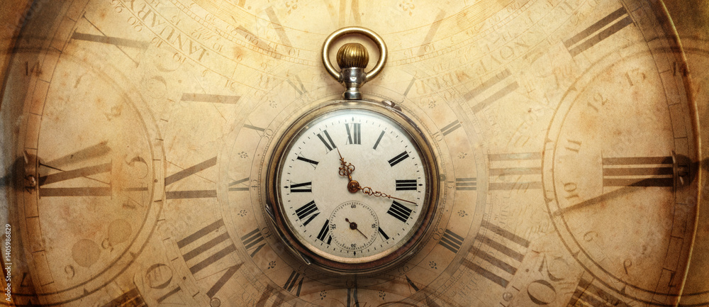 The old antique clocks on a vintage wide paper background. Concept of ...
